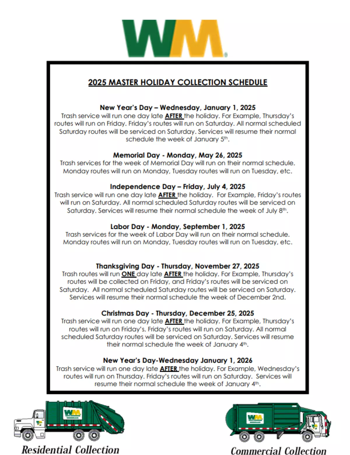 Waste Management Holiday Schedule | Lacy Lakeview, TX